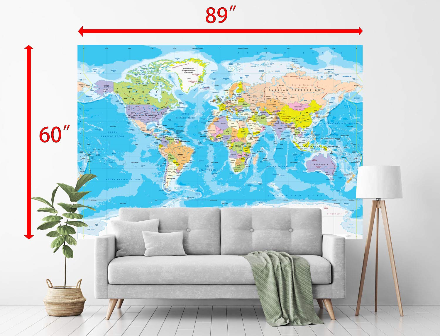 Academia Maps Giant 89 x 60 Blue Ocean World Map Wall Decal | Easy to Hang Wallpaper Stick and Peel | Wall Map of The World. Easy to Apply, Reposition, Remove. Safe for Walls