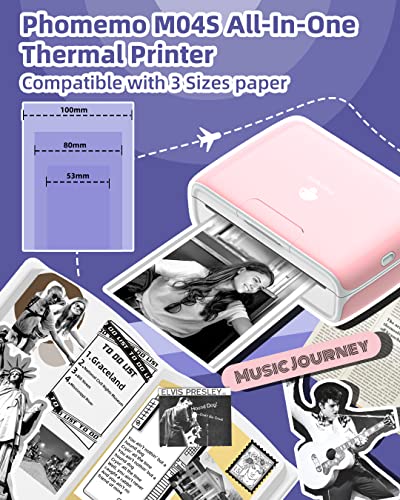 Phomemo M04S Portable Printer- Bluetooth Inkless Thermal Sticker Printer with White Self-Adhesive Thermal Paper for Phomemo M04S/M04S Bluetooth Thermal Printer, Black on White, 110mm x 3.5m, 3-Rolls