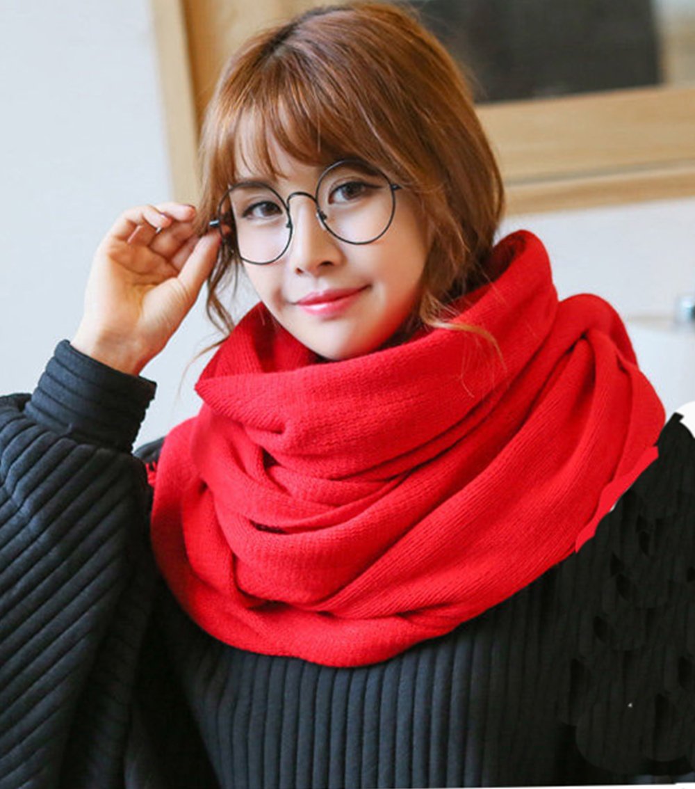 Wander Agio Womens Warm Long Shawl Winter Upset Large Scarf Pure Color Red