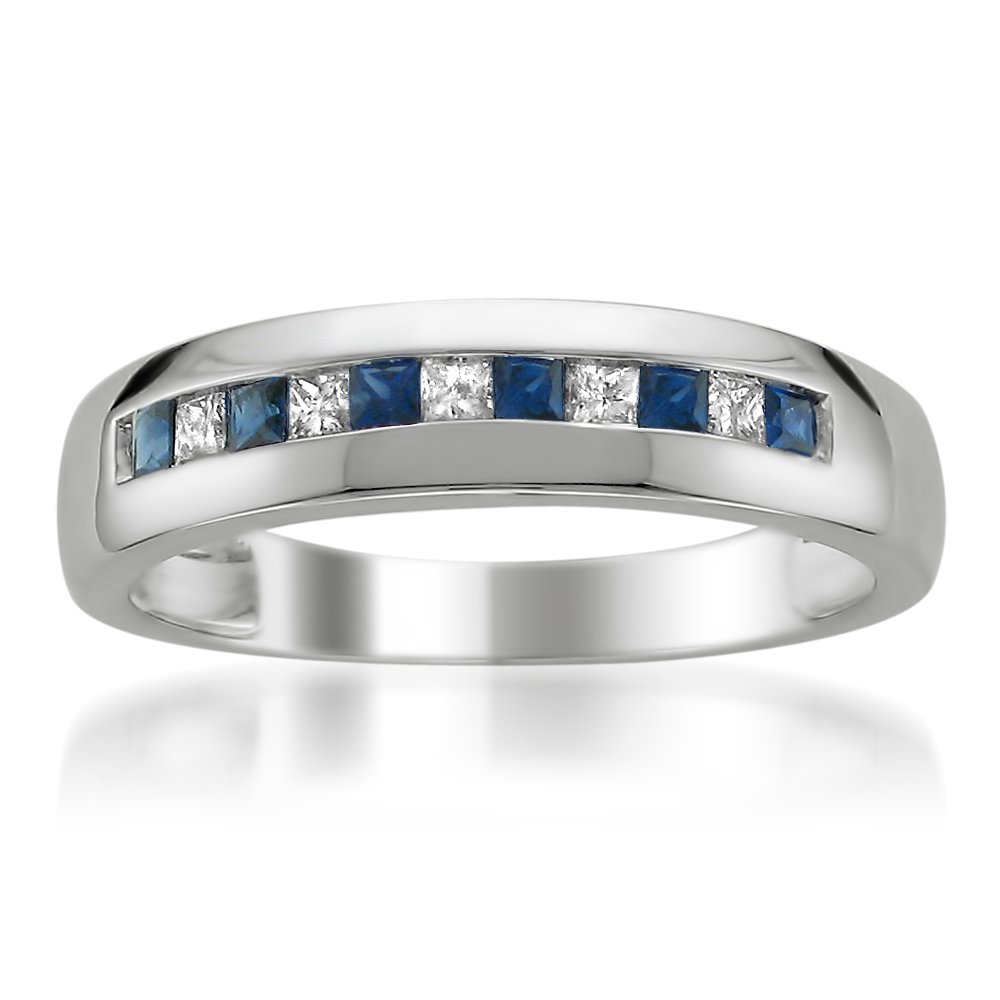 Beyond Brilliance 1/2 Carat Diamond, Channel Set 14K White Gold Princess Cut Diamond & Blue Sapphire Wedding Band Finger Ring for Men (I-J, I1-I2) Natural Diamond Fine Jewelry | Gift Box Included Size-11.5