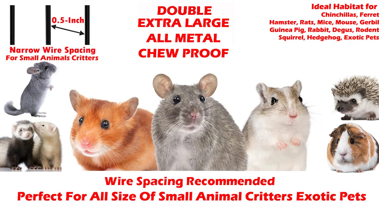 64" Extra Large Wrought Iron Double Center Divider 3-Floors Cage Guinea Pig Ferret Chinchilla Sugar Glider Hamster Mice Rat Rabbit Detachable Rolling Stand