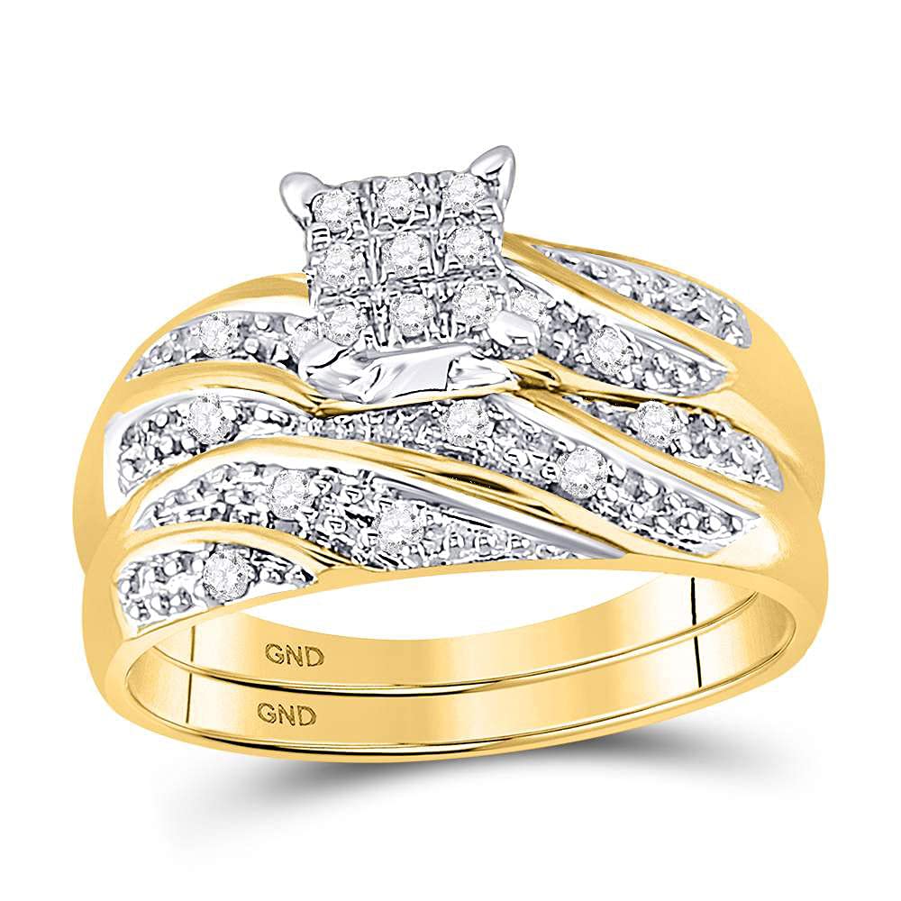 Sizes - L = 8, M = 13 - 14k Yellow and White 2 Two Tone Gold Mens and Ladies Couple His & Hers Trio 3 Three Ring Bridal Matching Engagement Wedding Ring Band Set - Round Diamonds - Princess Shape Center Setting (1/4 cttw) - Please use drop down menu to se