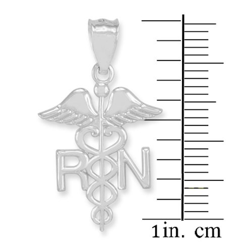 American Heroes Polished 14k White Gold Caduceus RN Charm Registered Nurse Pendant Necklace, 16"