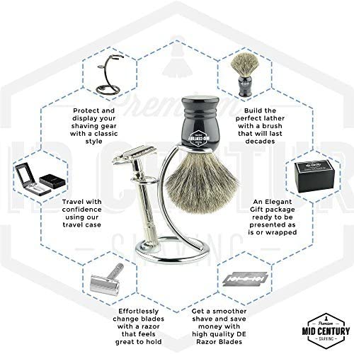 MCS Premium Safety Razor Shaving Kit: Complete Wet Shave Set w/Double Edge Razor, Pure Badger Brush, Heavy Chrome Stand, Travel Case, Extra Blades & Gift Box (Black)