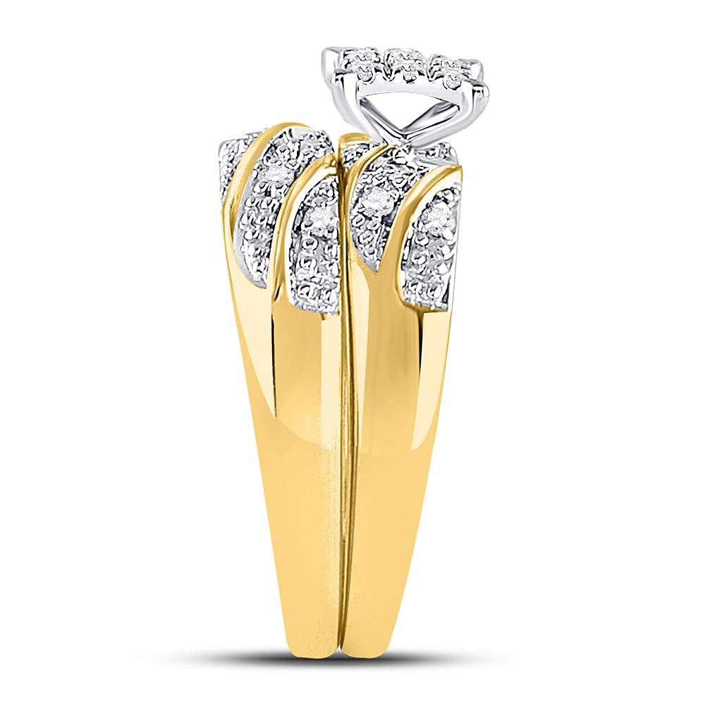 Sizes - L = 8, M = 13 - 14k Yellow and White 2 Two Tone Gold Mens and Ladies Couple His & Hers Trio 3 Three Ring Bridal Matching Engagement Wedding Ring Band Set - Round Diamonds - Princess Shape Center Setting (1/4 cttw) - Please use drop down menu to se