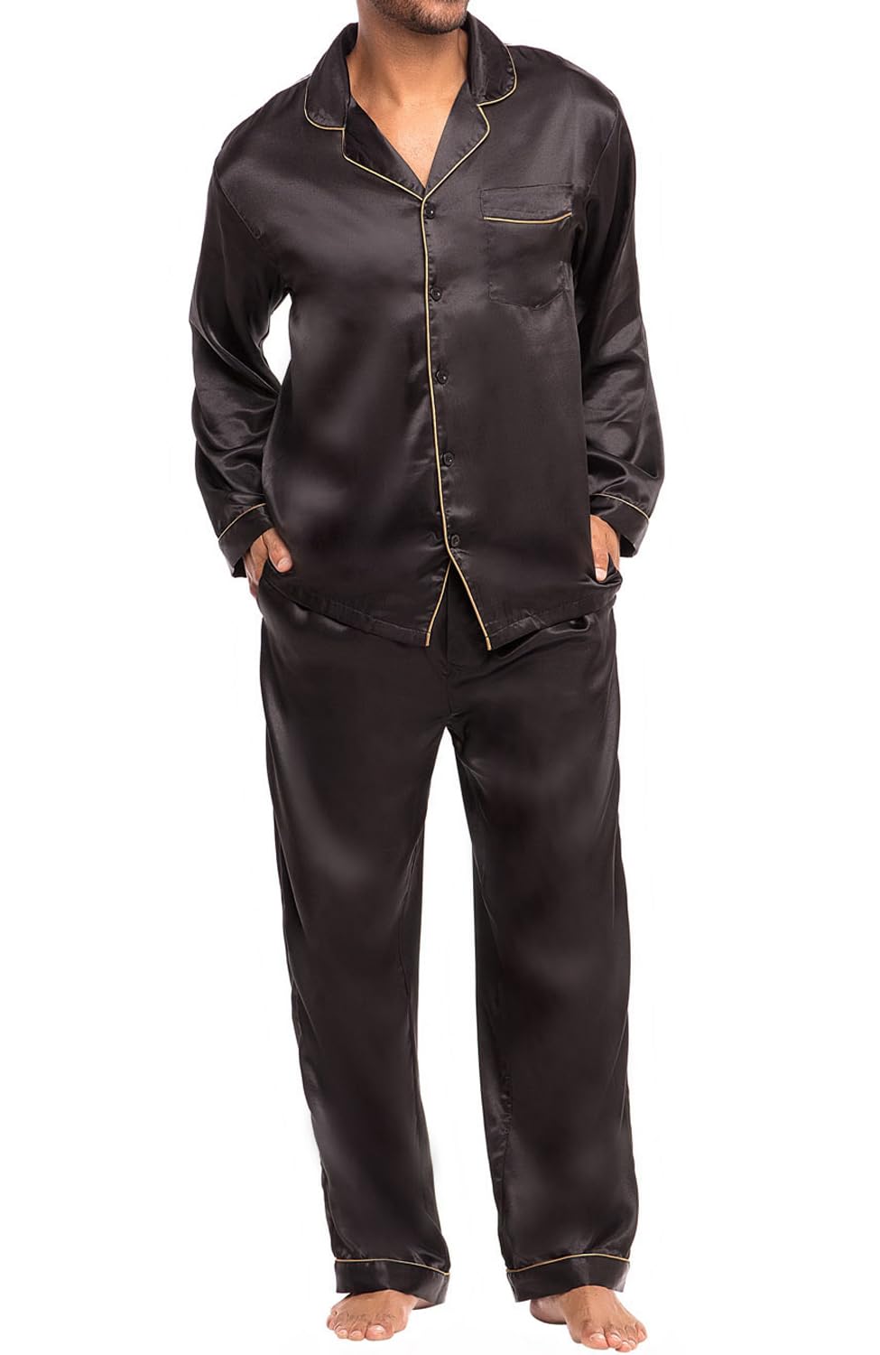 Alexander Del Rossa Mens Satin Pajamas Set, Satin Pajamas for Men, Silk PJs with Matching Sleep Mask Black with Gold Piping Medium (A0752BLKMD)