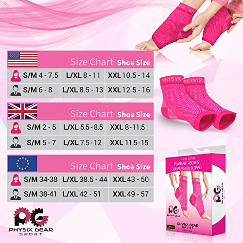 Physix Gear Sport Plantar Fasciitis Socks with Arch Support for Men & Women - Ankle Compression Sleeve, Toeless Compression Socks Foot Pain Relief, Ankle Swelling - Better than Night Splint, Pink L/XL