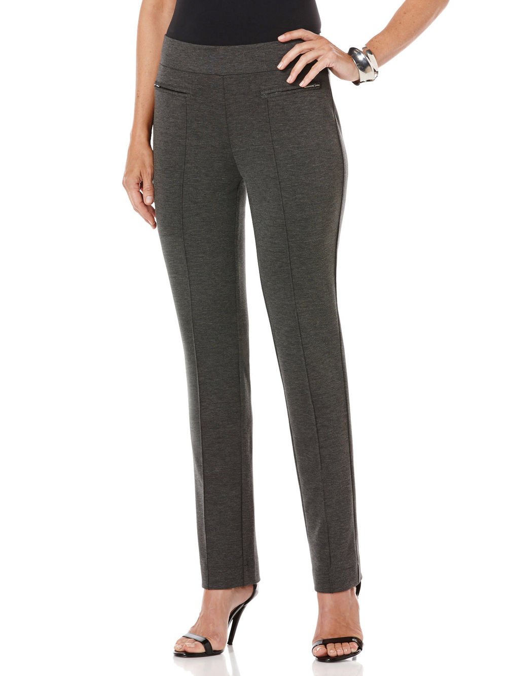 Rafaella Women's Petite Ponte Comfort Slim Leg Pant, Charcoal Heather, 8 Petite