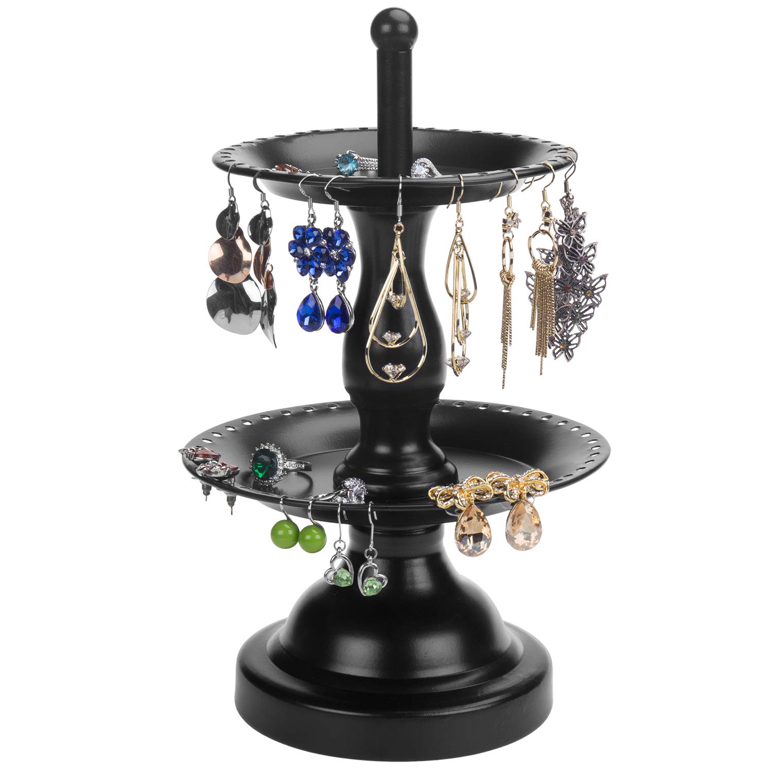 MyGift 2-Tier Black Metal Jewelry Organizer Stand, Fountain Design Hanging Earring Holder with 40 Holes and Ring Dish (Black-2-Tier)