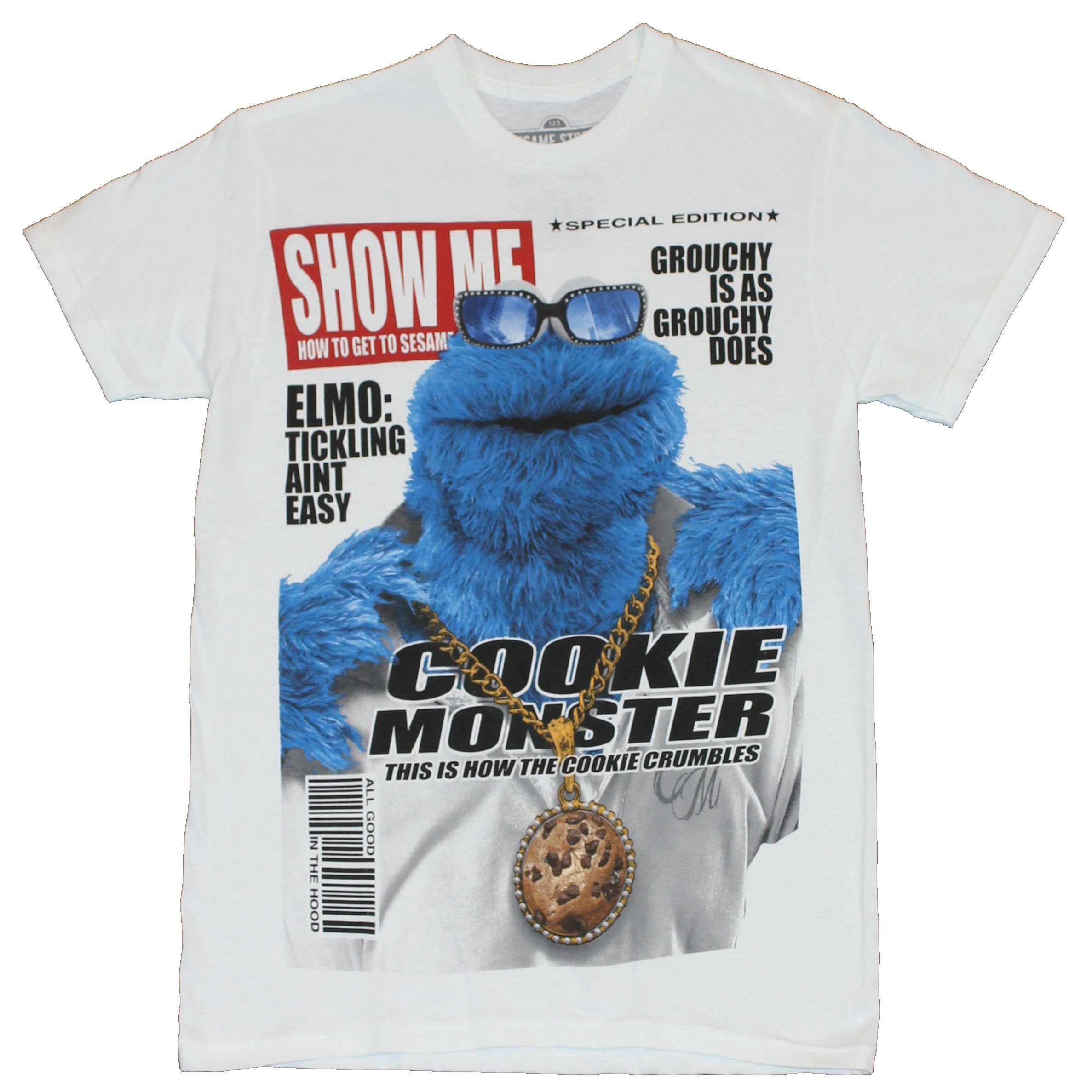 Sesame Street Mens T-Shirt - "Show Me" Cookie Monster Magazine Cover Image (Large) White