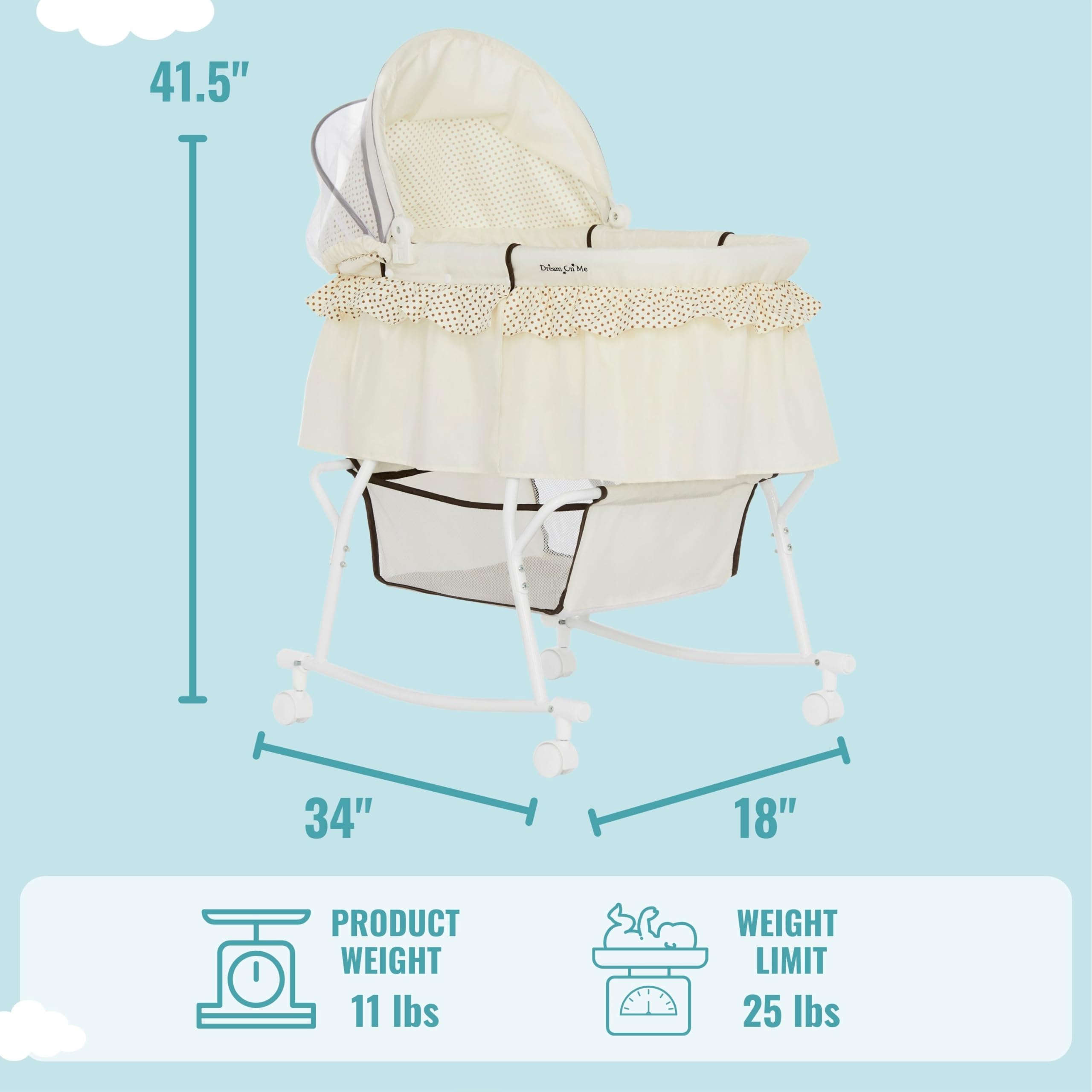 Dream On Me Lacy Portable 2-in-1 Bassinet & Cradle in Cream, Lightweight Baby Bassinet with Storage Basket, Adjustable and Removable Canopy