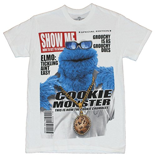 Sesame Street Mens T-Shirt - "Show Me" Cookie Monster Magazine Cover Image (Small) White