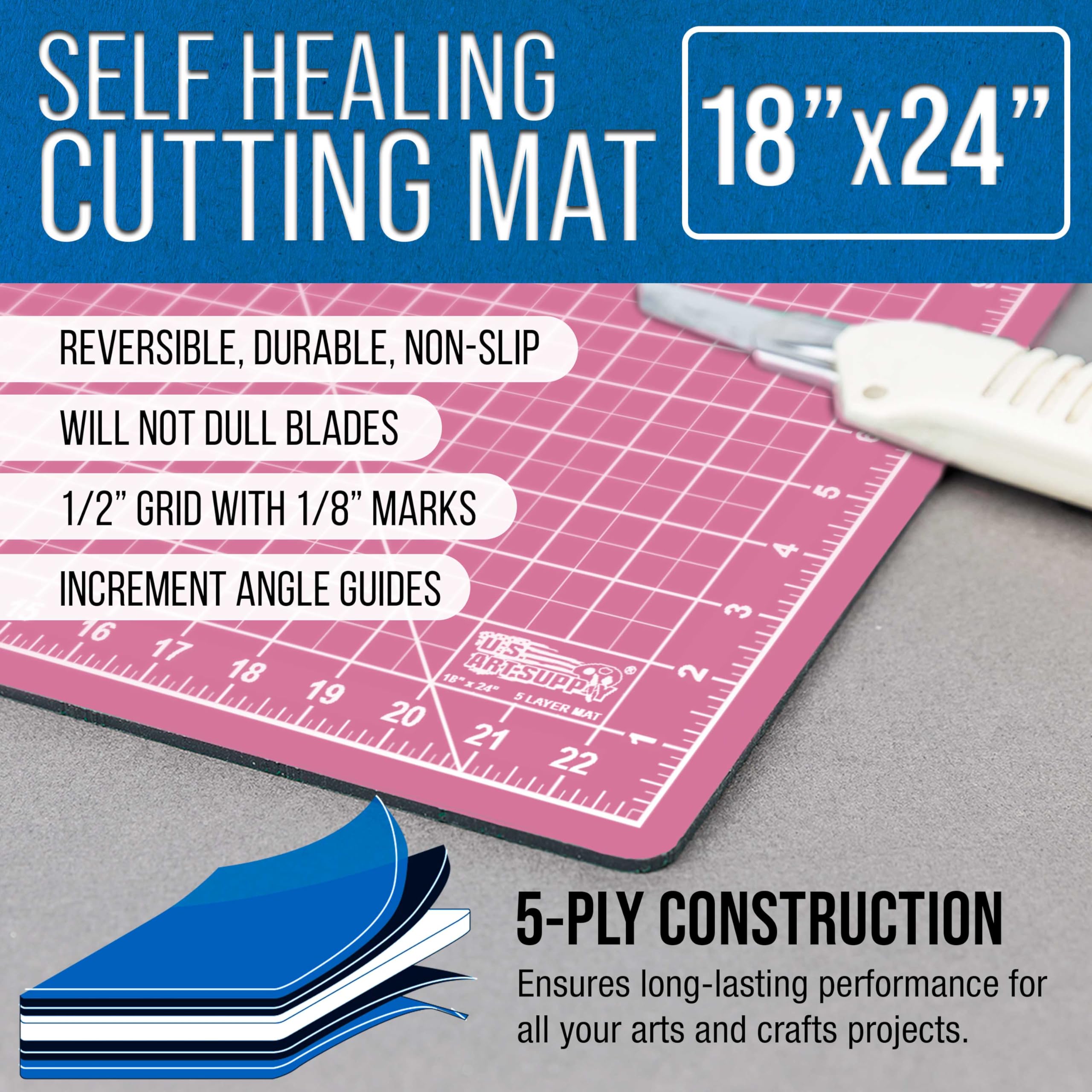 U.S. Art Supply 18" x 24" Pink/Blue Professional Self Healing 5-Ply Double Sided Durable Non-Slip Cutting Mat Great for Scrapbooking, Quilting, Sewing and all Arts & Crafts Projects