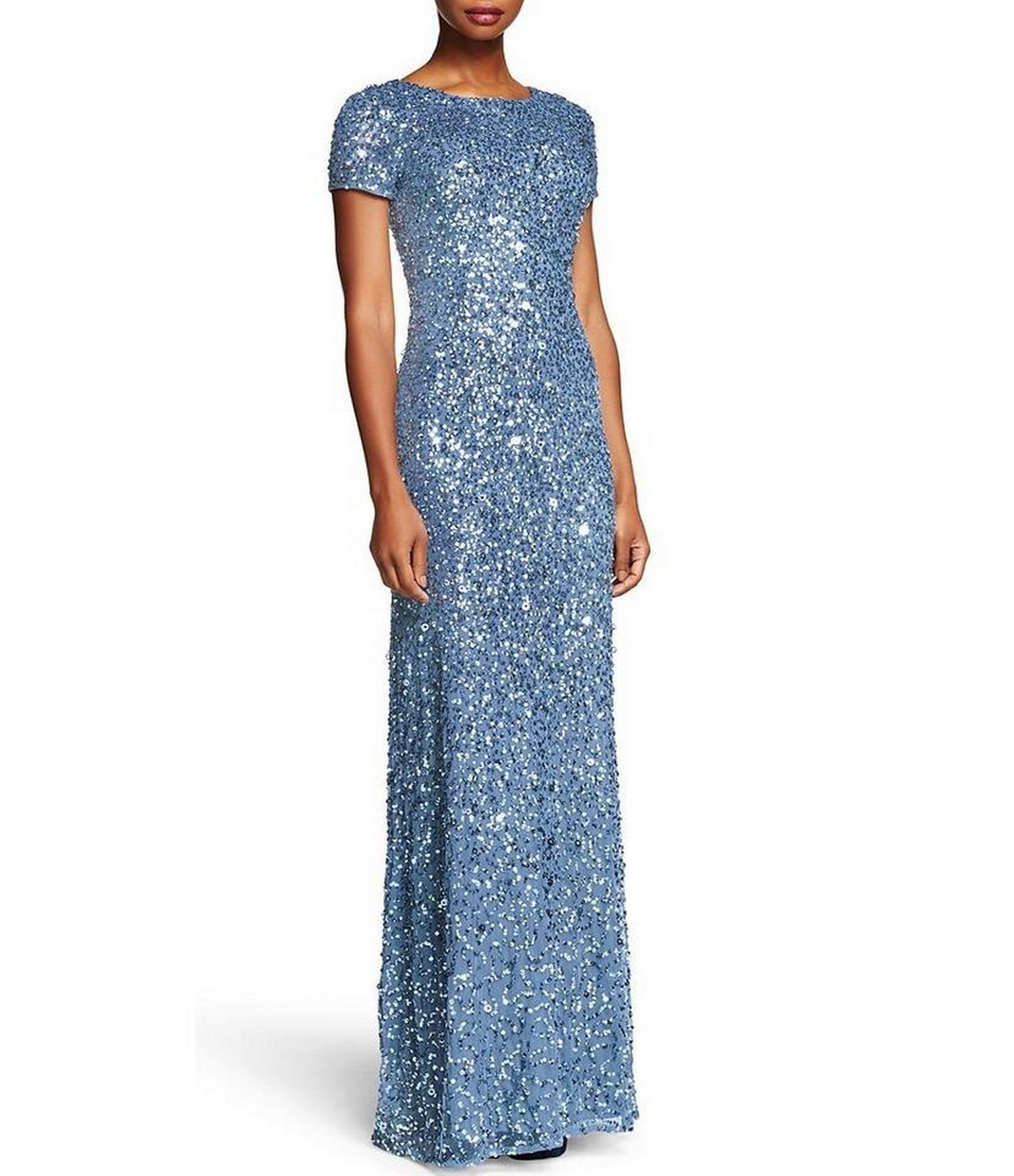 Adrianna Papell Women's Short-Sleeve All Over Sequin Gown, Nile, 14