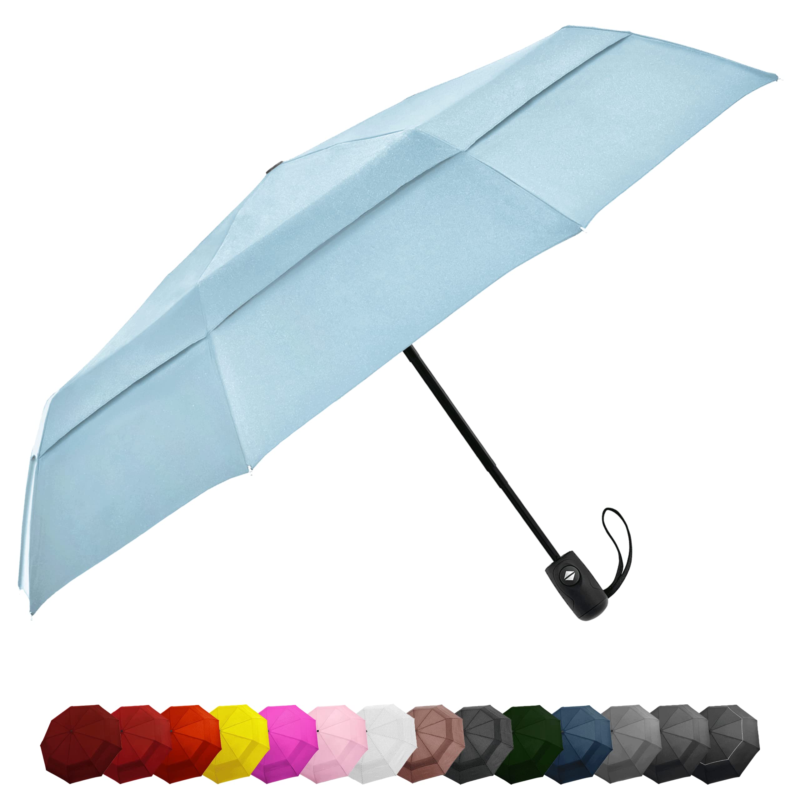 Windproof Travel Umbrellas for Rain - Lightweight, Strong, Compact with & Easy Auto Open/Close Button for Single Hand Use - Double Vented Canopy for Men & Women - Light blue