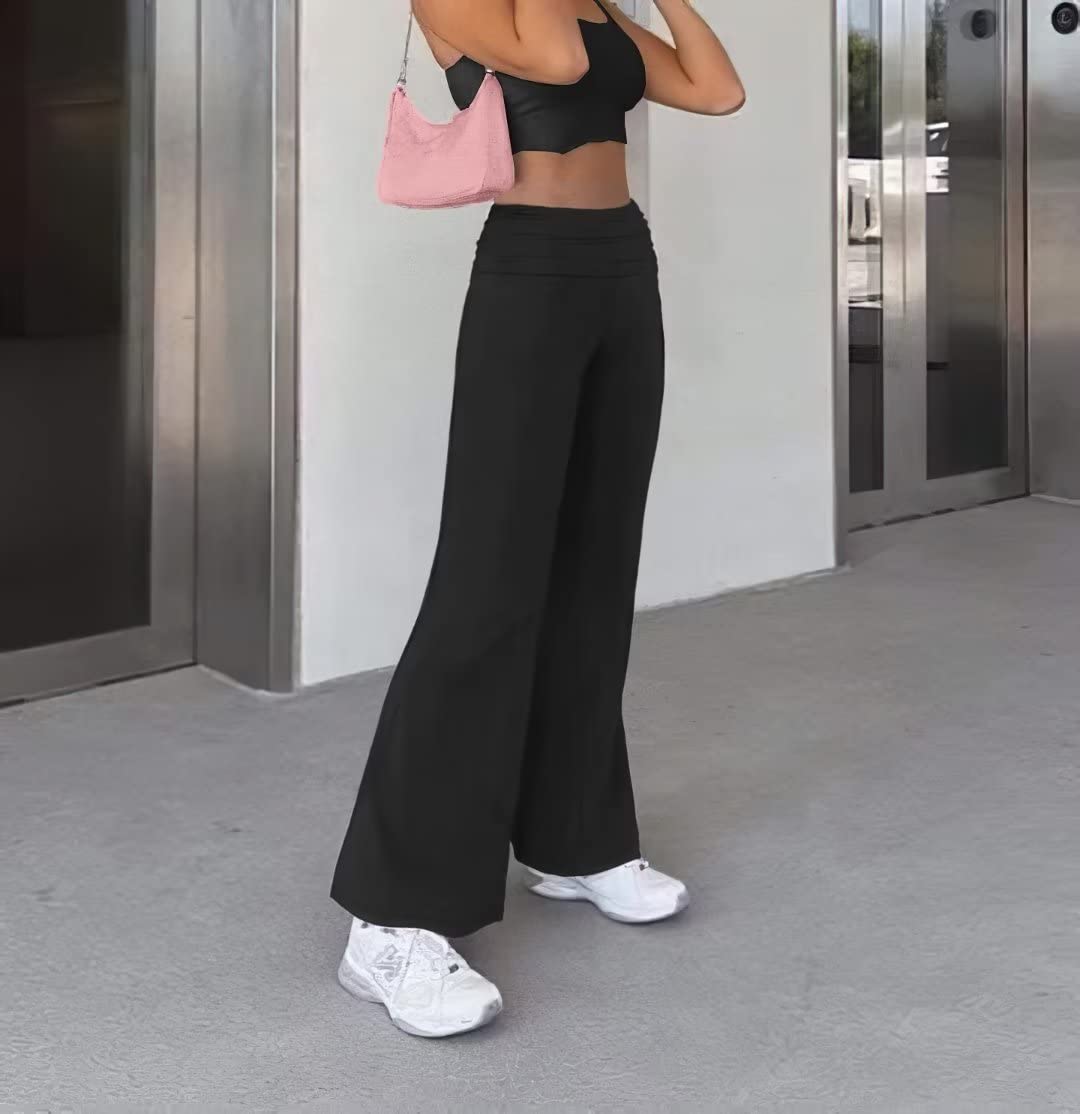 Hybrid & Company Women Palazzo Pants w/Fold Over Waist Band KPZ26932 M Black