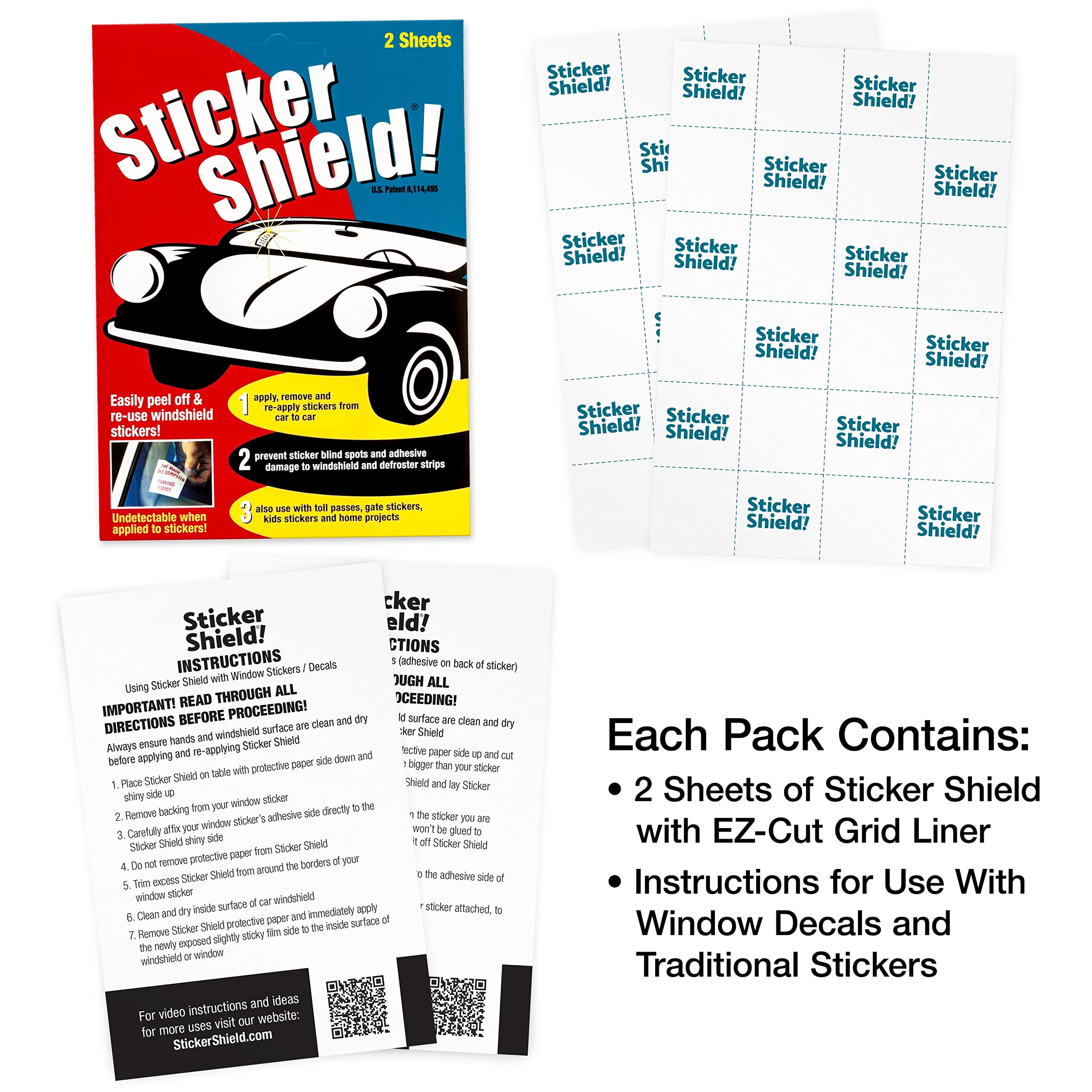 STICKER SHIELD - Windshield Sticker Applicator for Easy Application, Removal and Re-Application from Car to Car - 4 inch x 6 inch Sheets (8 Packs (16 Sheets Total))