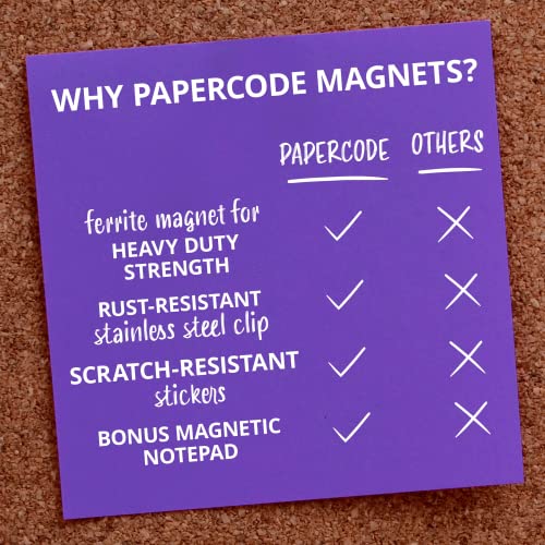 Papercode Magnetic Clips for Whiteboard & Fridge - 12 Pack Scratch-Free Refrigerator Magnet Clips Heavy Duty for Organizing & Decorating Kitchen or Office with Free Notepad