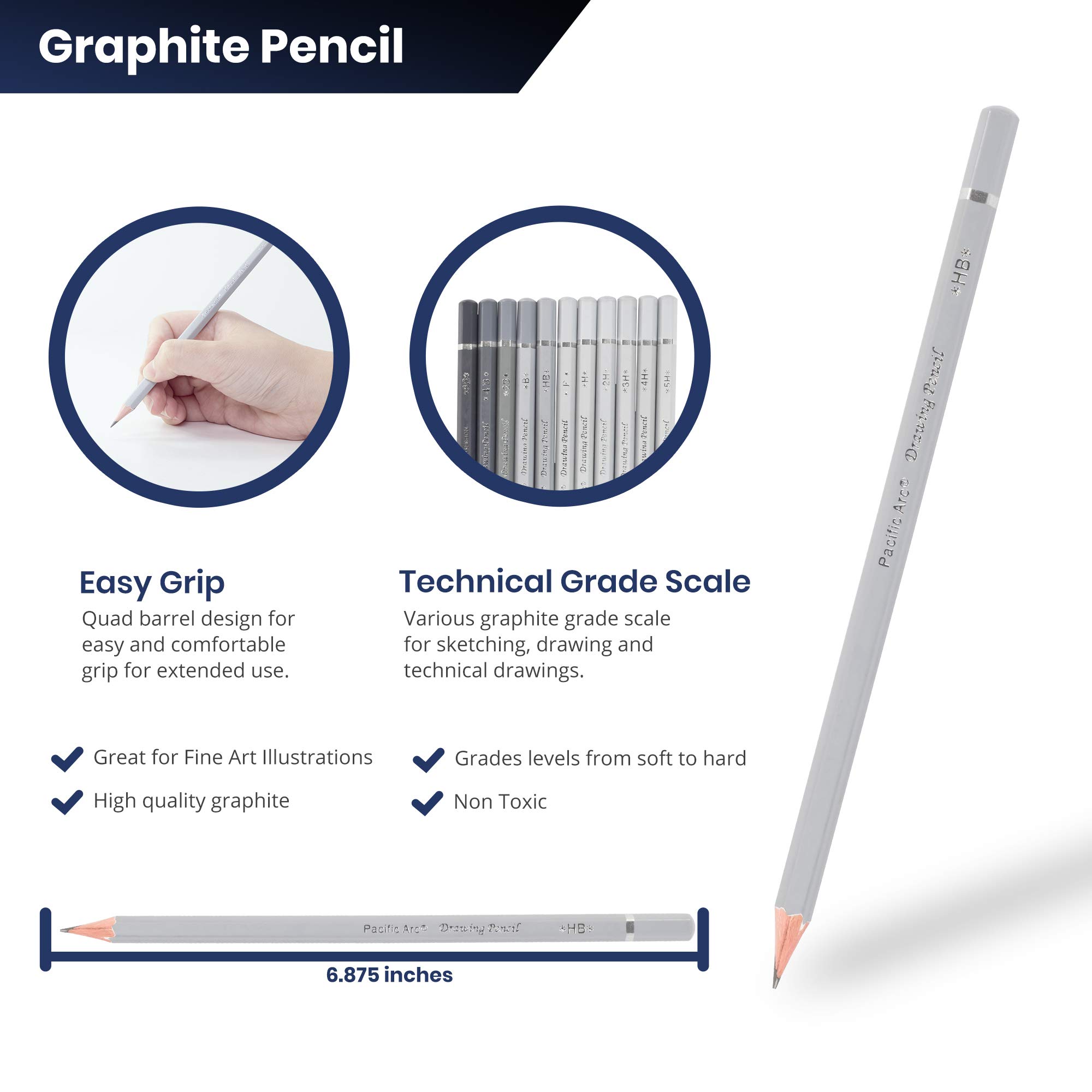 Pacific Arc Premium Graphite Drawing Pencils for Artists, Tech Pack - Professional Pencils for Drawing, Drafting, Sketching and Shading 12 Pk. - Great Non Toxic Art Supplies Set for Adults and Kids