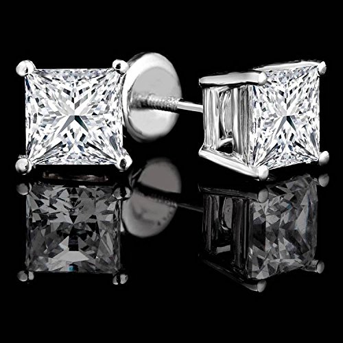 PARIKHS Princess cut Diamond stud Screw Back 14K White Gold (0.25ct, Clarity-I3)