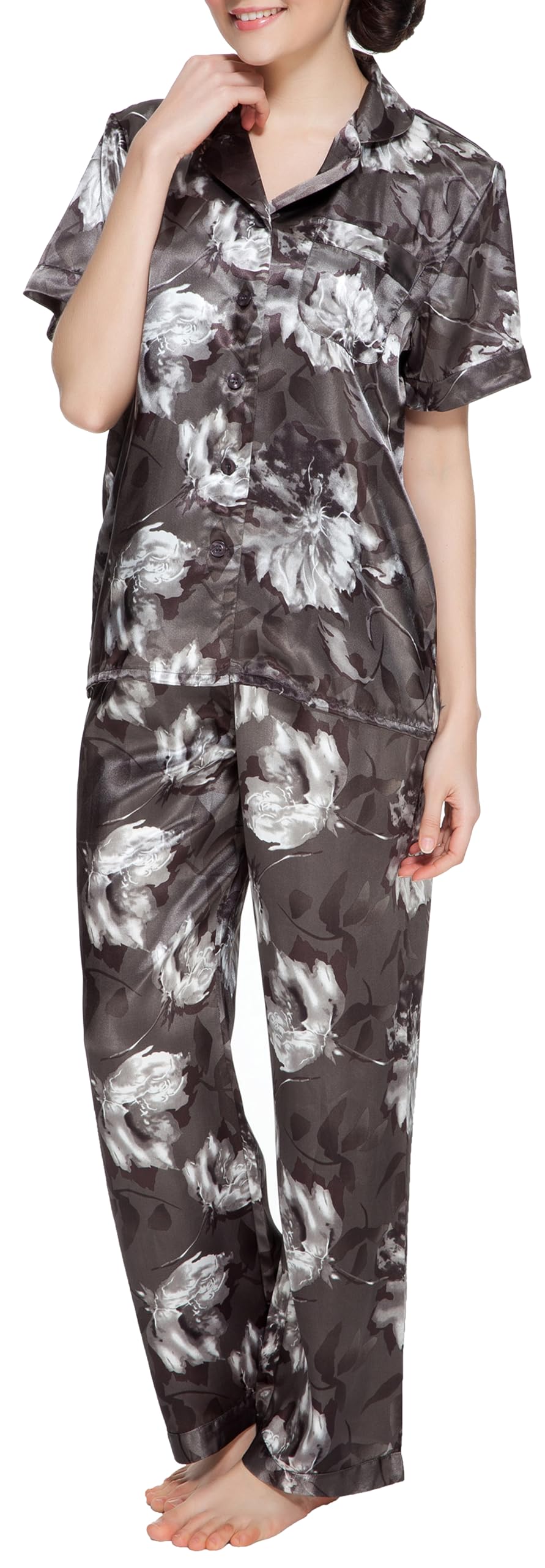 Lavenderi Women's Short Sleeve Classic Satin Pajama Set(X-Large,Silver