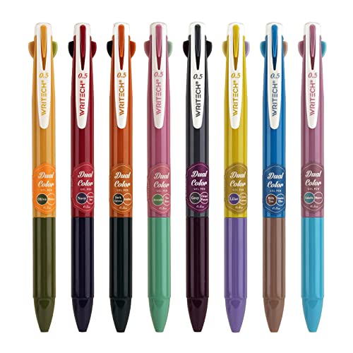 Writech Retractable Gel Ink Pens: Multi Colored 2 in 1 Colorful Click Pen Assorted Color 8ct Extra Fine Point Tip 0.5mm Journaling Smooth Writing Note Taking Coloring No Bleed & Smear & Smudge