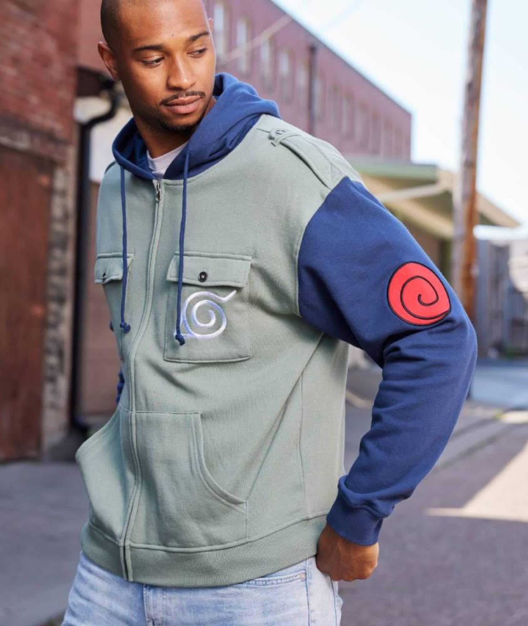 Ripple Junction Naruto Shippuden Men's Full Zip Up Hooded Sweatshirt Kakashi Hatake Anime Zippered Fleece Hoodie Olive Medium