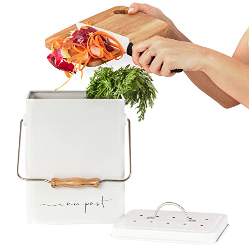 Compost Bin for Kitchen - Farmhouse Countertop Composting Container - 1.7 Gallon Carbon Steel Pail for Food Scraps - Metal Bucket with Lid, Wooden Handle & Charcoal Filter