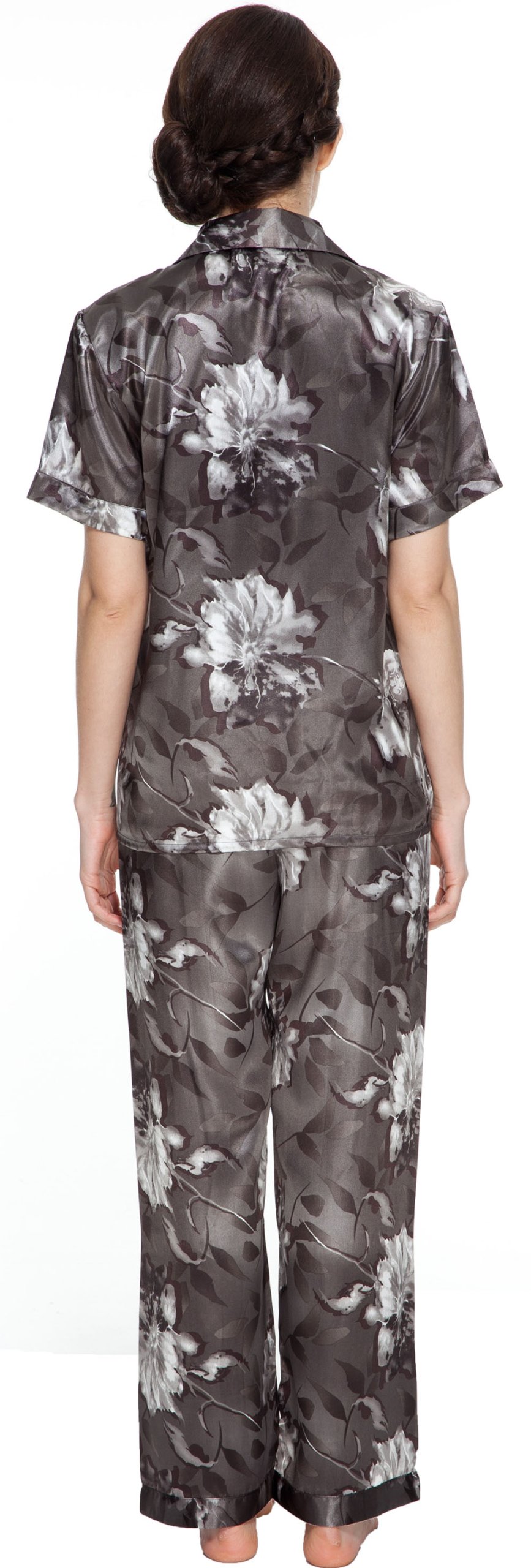 Lavenderi Women's Short Sleeve Classic Satin Pajama Set(X-Large,Silver
