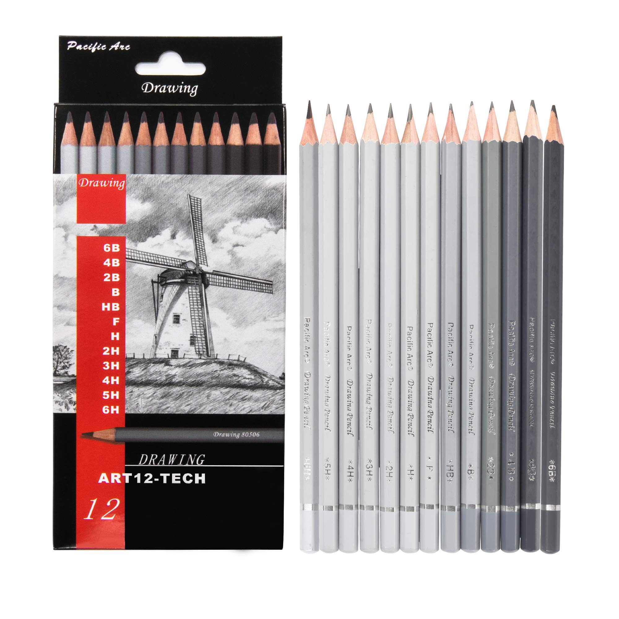 Pacific Arc Premium Graphite Drawing Pencils for Artists, Tech Pack - Professional Pencils for Drawing, Drafting, Sketching and Shading 12 Pk. - Great Non Toxic Art Supplies Set for Adults and Kids