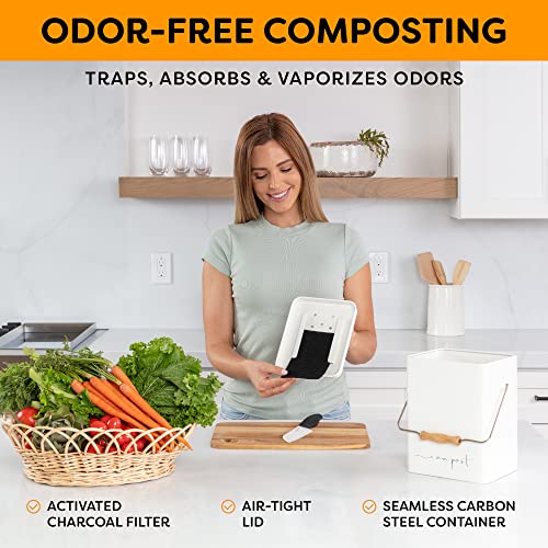 Compost Bin for Kitchen - Farmhouse Countertop Composting Container - 1.7 Gallon Carbon Steel Pail for Food Scraps - Metal Bucket with Lid, Wooden Handle & Charcoal Filter