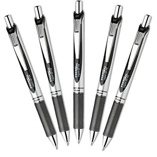 Pentel EnerGel Deluxe RTX Retractable 0.7mm Fine Line Metal Tip Liquid Gel Pen , Black Ink, 1 Set, 5 pens per set