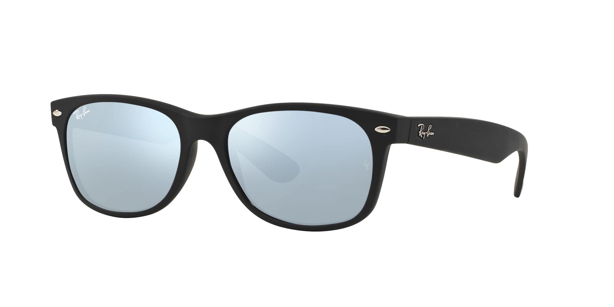 Ray-Ban RB2132 New Wayfarer Square Sunglasses, Rubber Black/Light Green Mirrored Silver, 52 mm