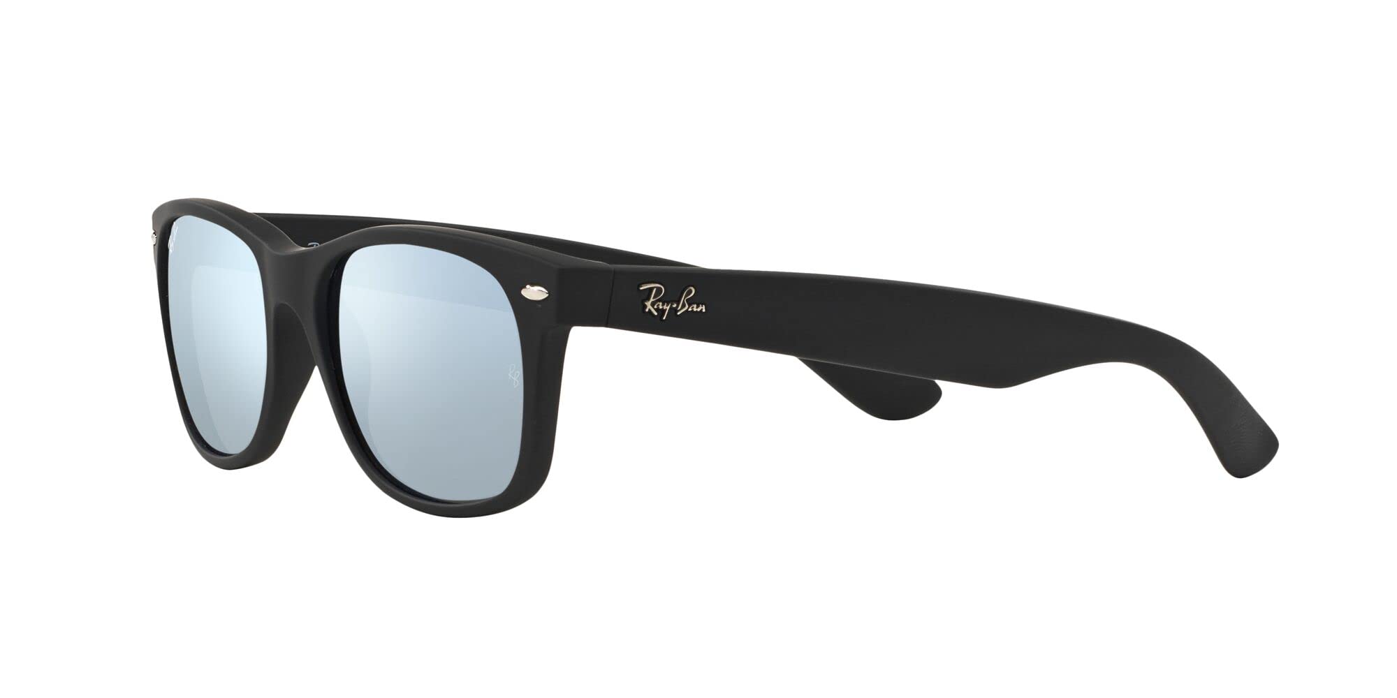 Ray-Ban RB2132 New Wayfarer Square Sunglasses, Rubber Black/Light Green Mirrored Silver, 52 mm