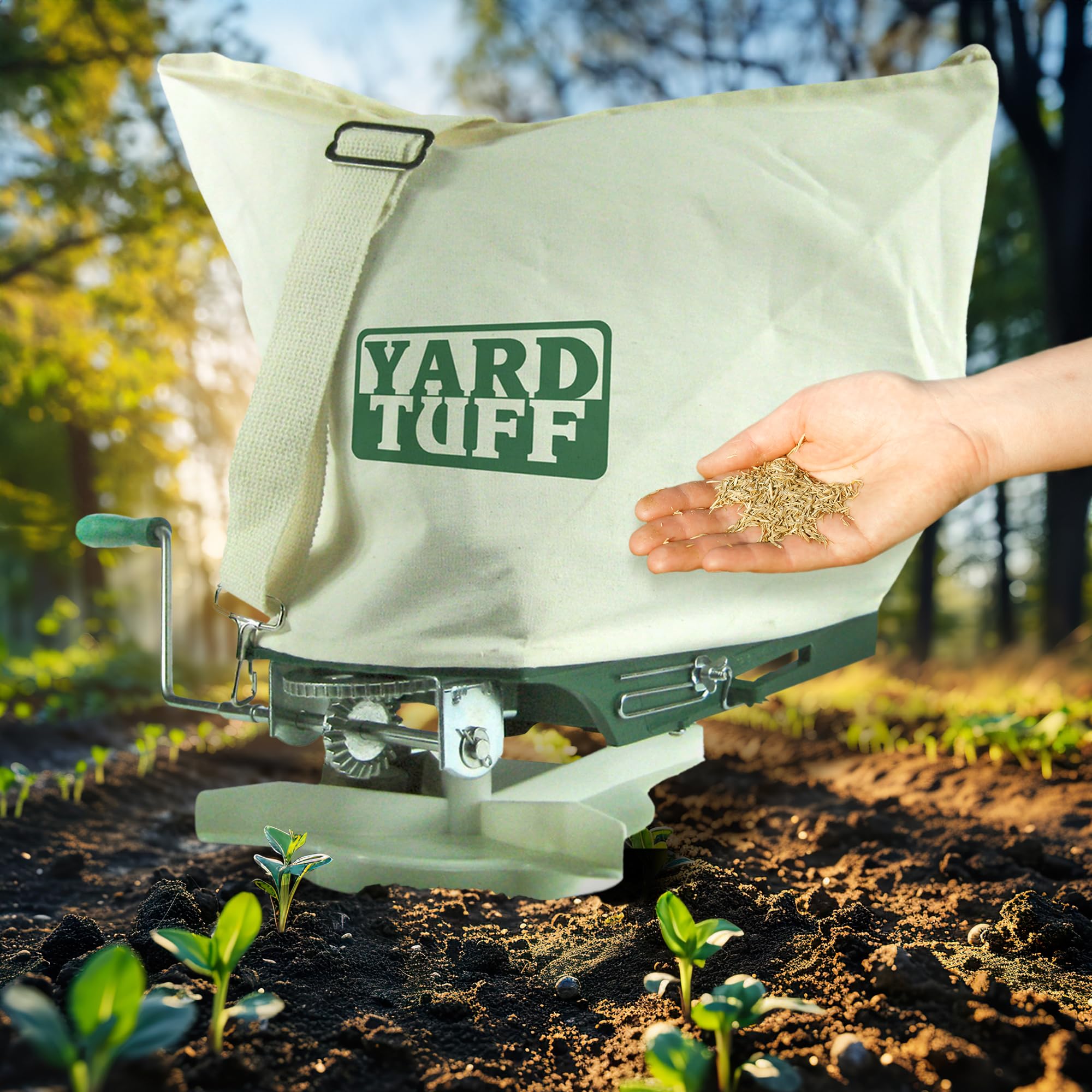 Yard Tuff Outdoor Lawn Garden 25 Pounds Shoulder Seeder and Grass Seed Spreader with Canvas Bag and Shoulder Strap, Green/White