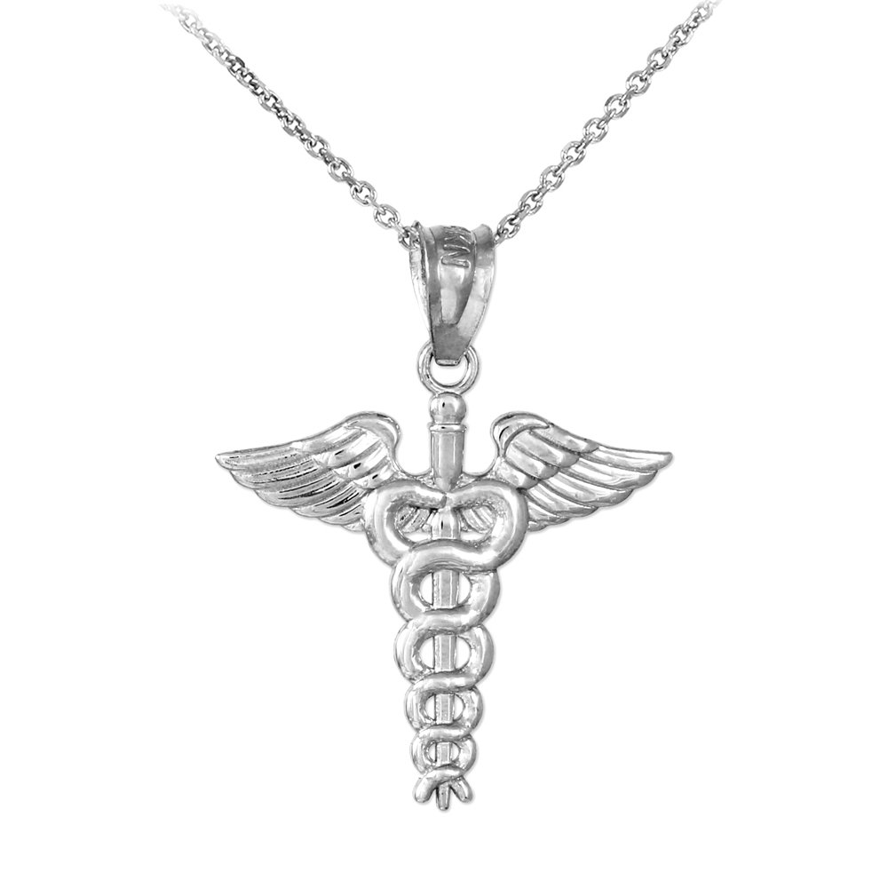 Claddagh Gold 925 Sterling Silver Caduceus Charm Pendant Necklace, 16"