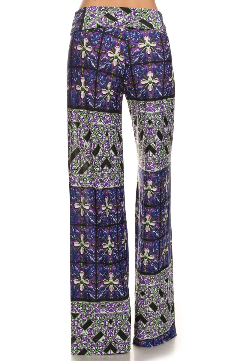 Women's High Waist Full Length Wide Leg Palazzo Pants with Fold Over Waist Band (Large, Floral Patchwork)