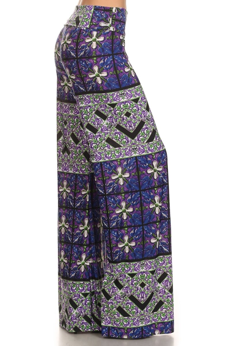 Women's High Waist Full Length Wide Leg Palazzo Pants with Fold Over Waist Band (Large, Floral Patchwork)