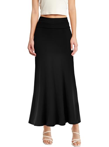 Hybrid & Company - Women's Maxi Skirt W/ Fold Over Waist Band - Made in the USA, Black, Large