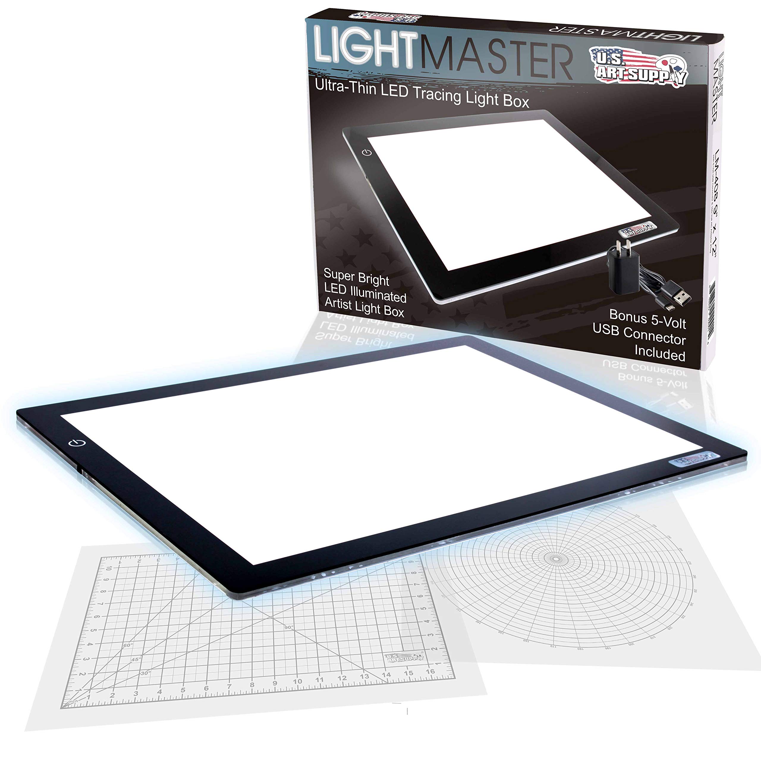 U.S. Art Supply Lightmaster 24.3" Diagonal Professional (A3) 12"x17" LED Lightbox Board 12-Volt Super-Bright Ultra-Thin 3/8" Profile Light Box Pad Dimmable - Measuring Overlay Grid & Circle Template