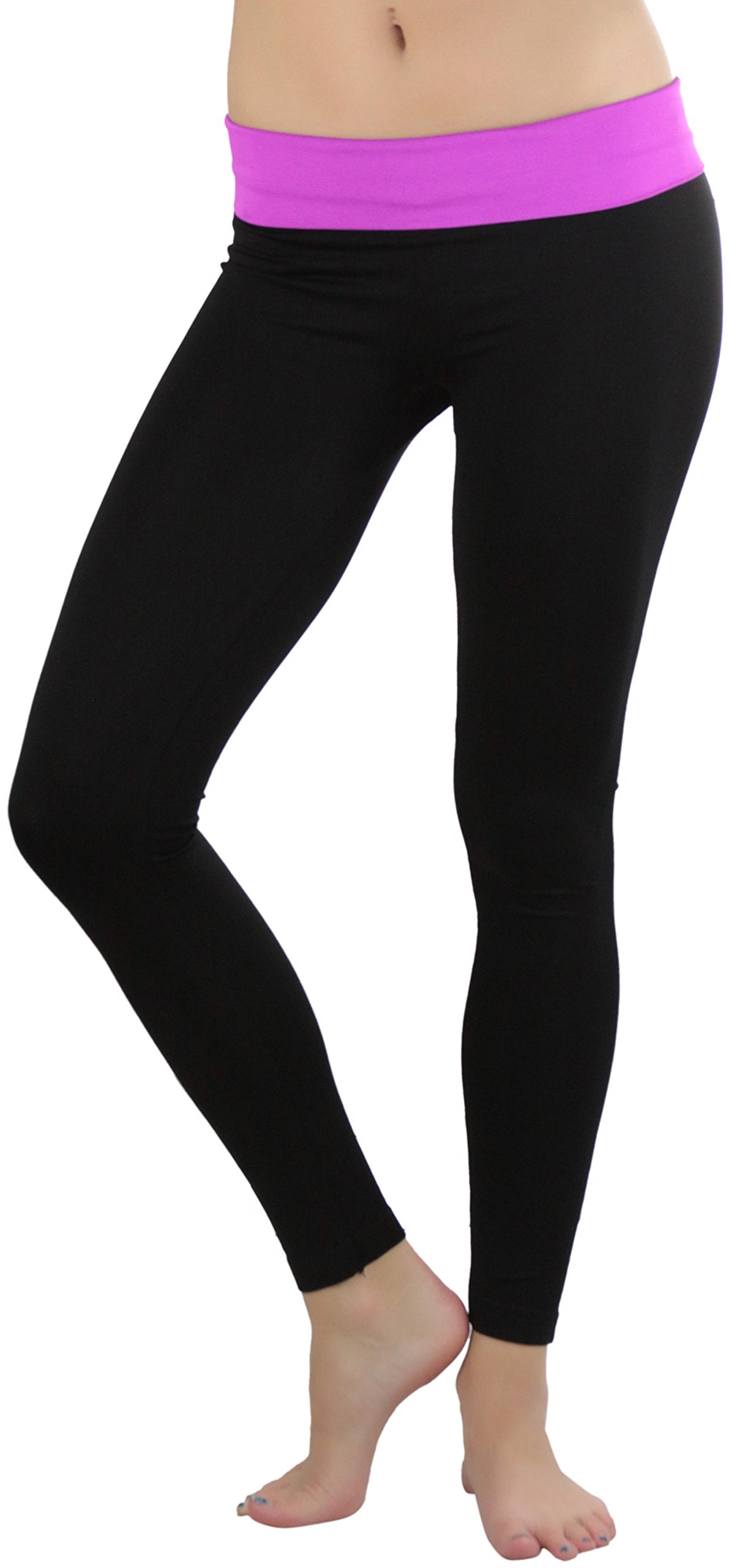 ToBeInStyle Women's Black Athletic Leggings with Fold-Over Contrast Waistband - Magenta
