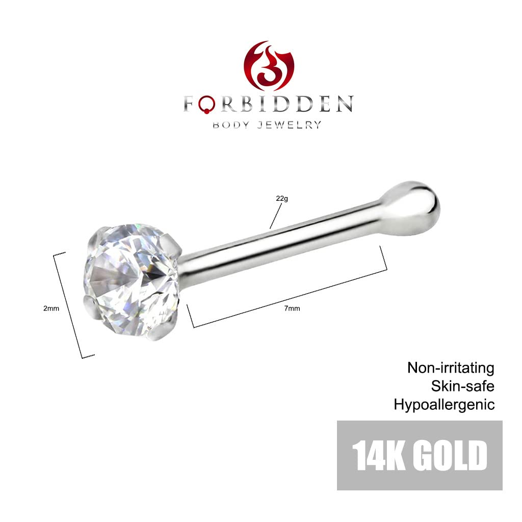 Forbidden Body Jewelry FBJ 14k White Gold Nose Ring, 22g, Solid 7mm Micro Stud, 2mm CZ Simulated Diamond, Non-Irritating Skin Safe Real Gold, Women/Men (Sold Individually)