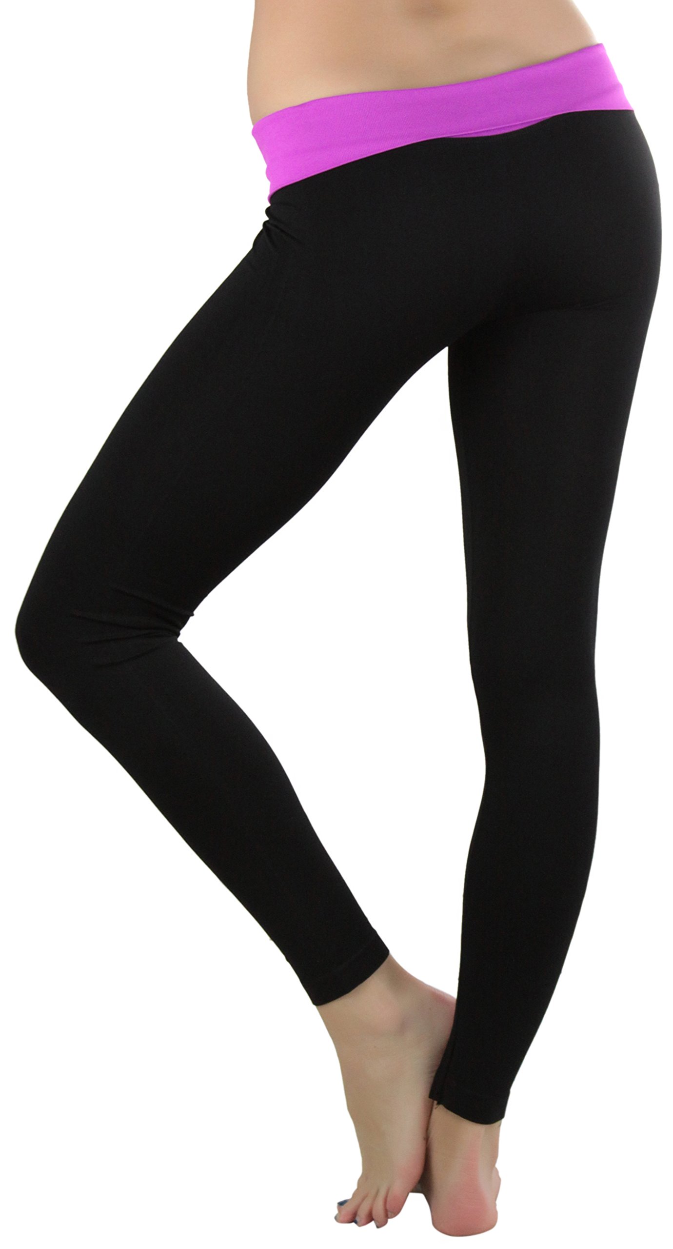 ToBeInStyle Women's Black Athletic Leggings with Fold-Over Contrast Waistband - Magenta