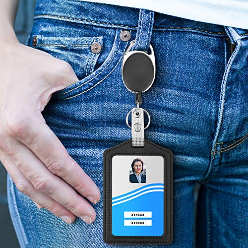 2 Pack Badge Holders, Vertical PU Leather ID Badge Card Holder with 1 Clear ID Window, with Detachable Neck Lanyard Strap and Retractable Badge Reel ID Card Holders Set