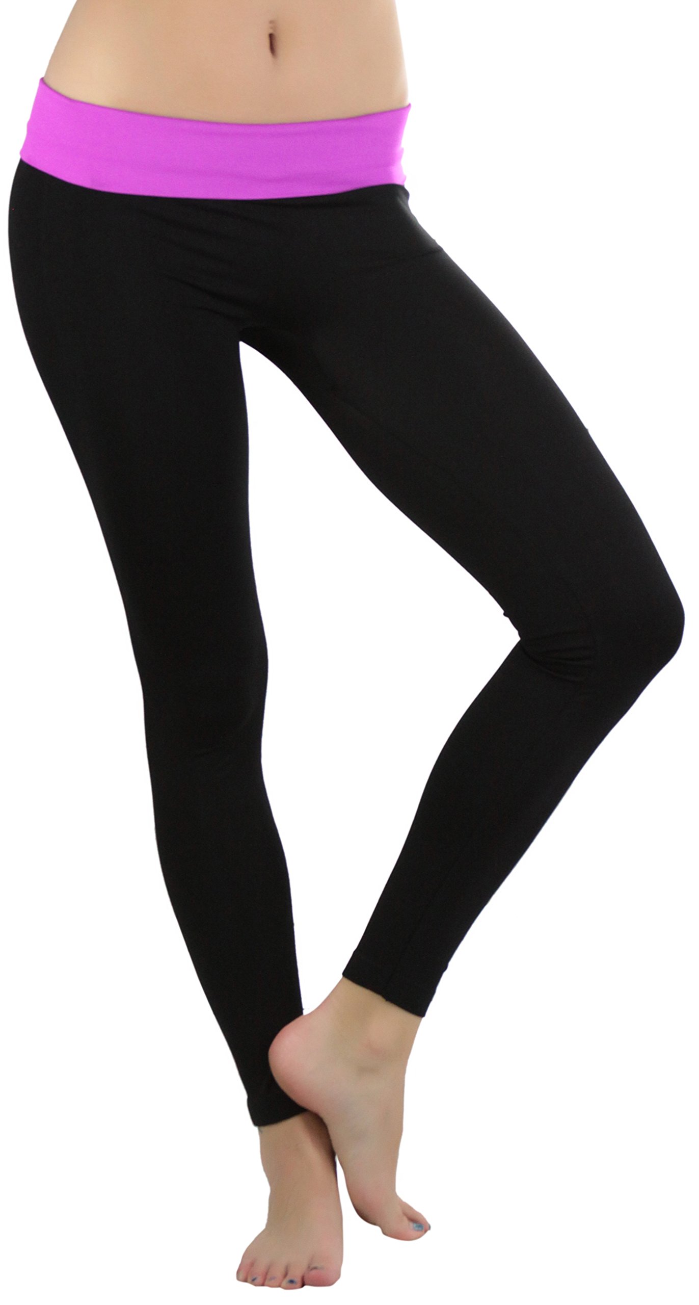 ToBeInStyle Women's Black Athletic Leggings with Fold-Over Contrast Waistband - Magenta