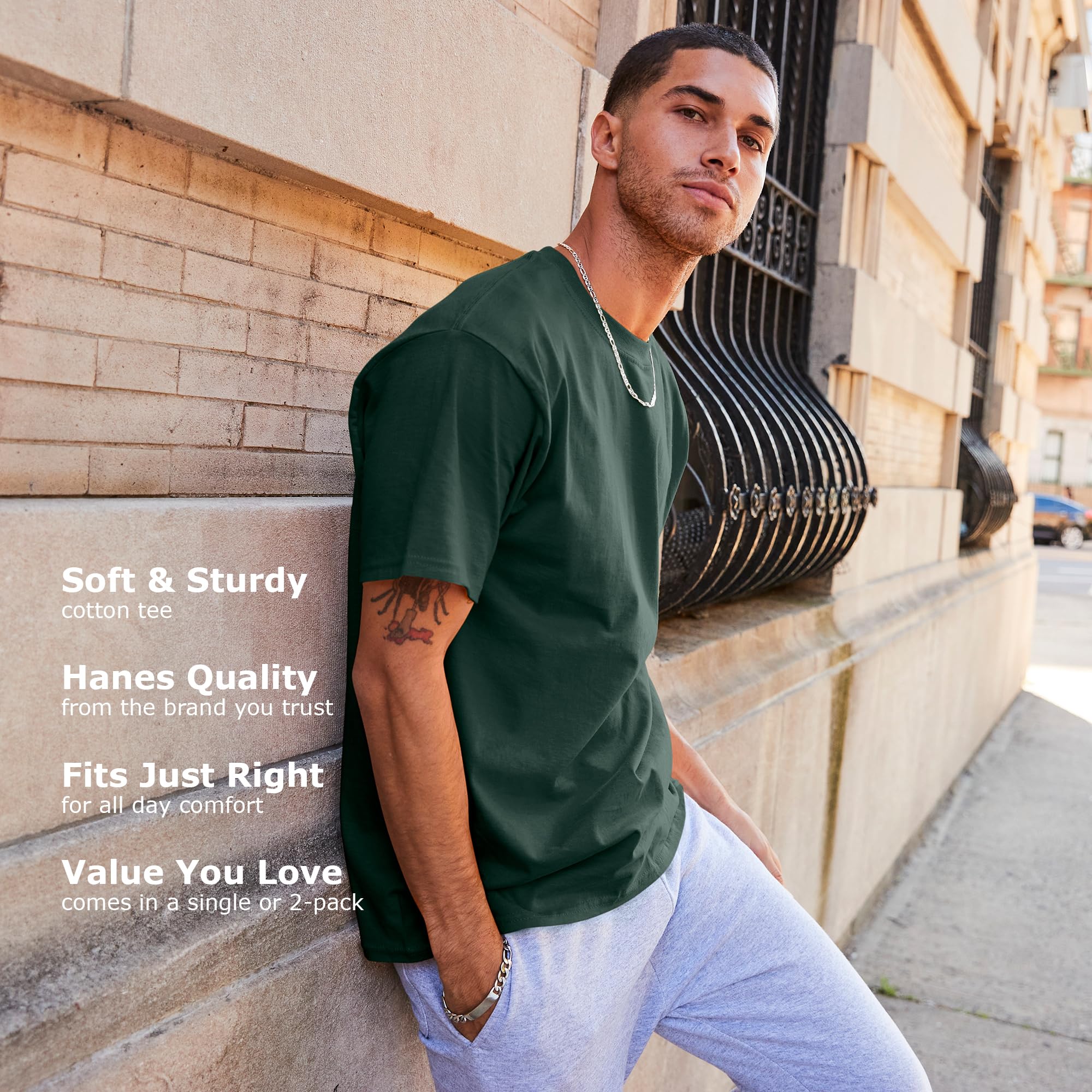 Hanes Mens Beefyt T-shirt, Heavyweight Cotton Crewneck Tee, 1 Or 2 Pack, Available In Tall Sizes Fashion-t-shirts, Deep Forest - 1 Pack, Large US
