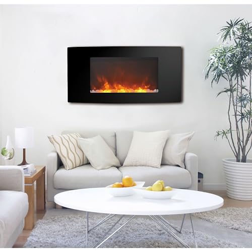 Cambridge Callisto 35 In. Curved Electric Wall Mounted Fireplace Heater with Flame Crystal Rock Display, Adjustable Heat, Remote - CAM35WMEF-1BLK