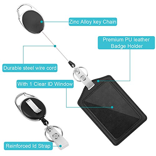 2 Pack Badge Holders, Vertical PU Leather ID Badge Card Holder with 1 Clear ID Window, with Detachable Neck Lanyard Strap and Retractable Badge Reel ID Card Holders Set