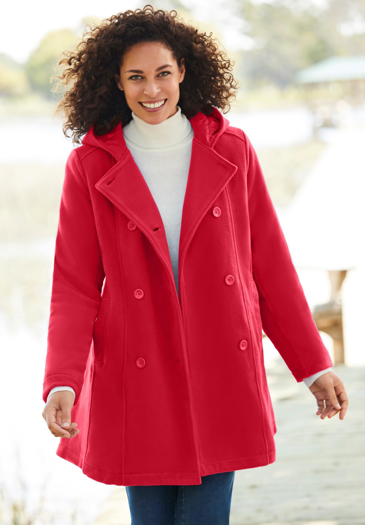 Woman Within Women's Plus Size Double-Breasted Hooded Fleece Peacoat - 22 W, Black
