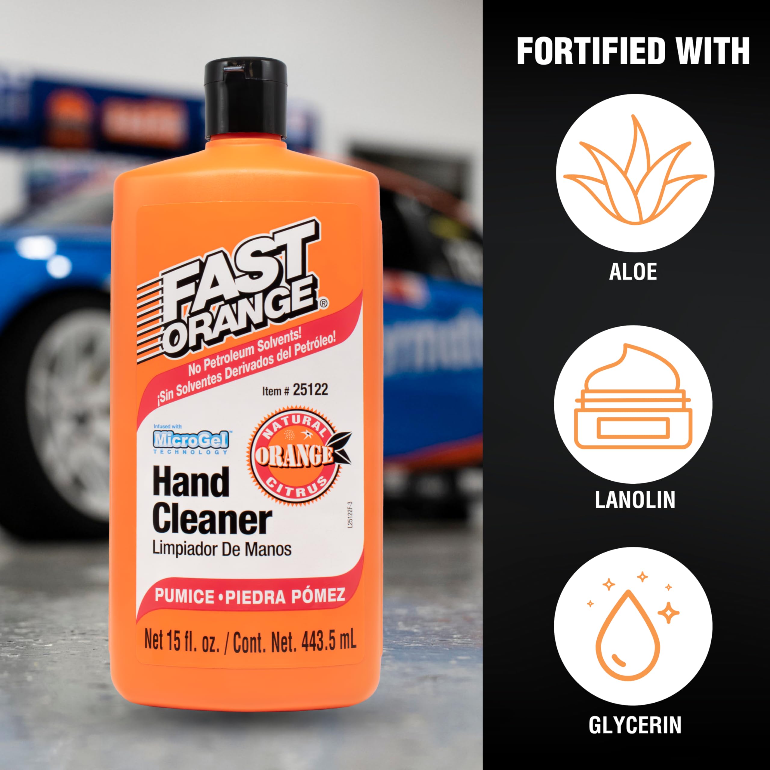 Fast Orange 25122 Pumice Lotion, Heavy Duty Hand Cleaner, Natural Citrus Scent, Waterless Cleaner For Mechanics, Strong Grease Fighter, 15 oz